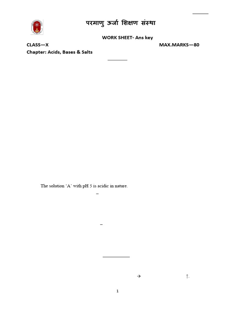 Ans - CLASS 10 SCIENCE Work Sheet Acids Bases Salts BY NB | PDF ...