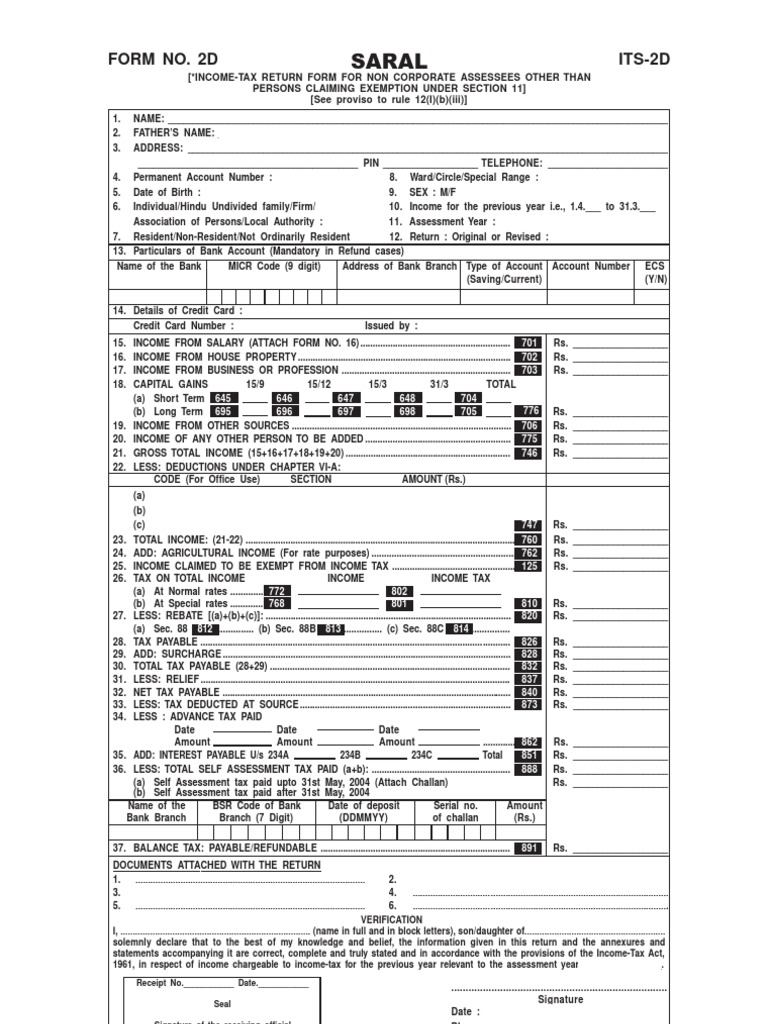 Saral: ITS-2D Form No. 2D | PDF | Capital Gains Tax | Income Tax In India