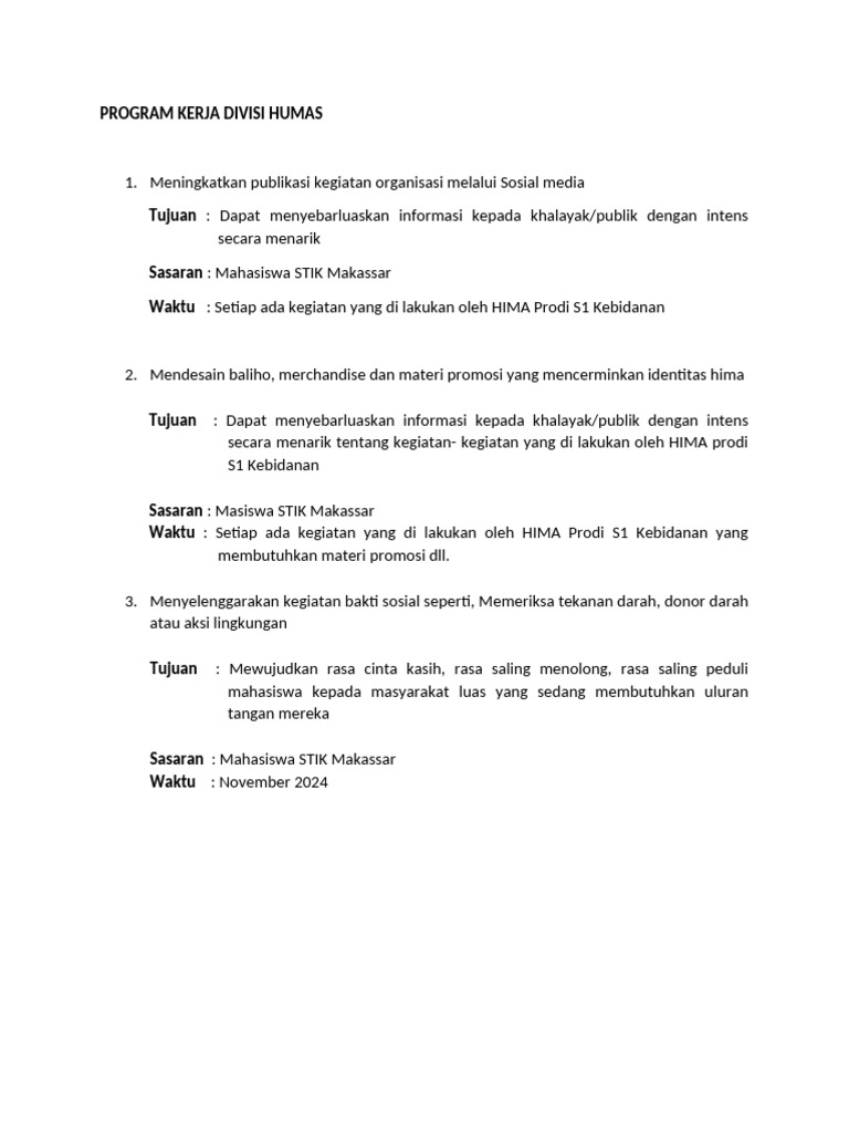 Program Kerja Divisi Humas | PDF