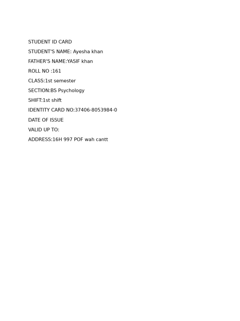 Ayesha Khan ID Card | PDF