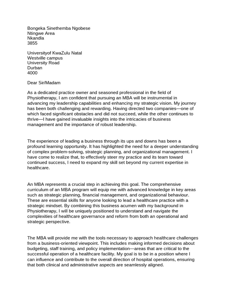MBA MOTIVATIONAL LETTER | PDF | Strategic Planning | Health Care