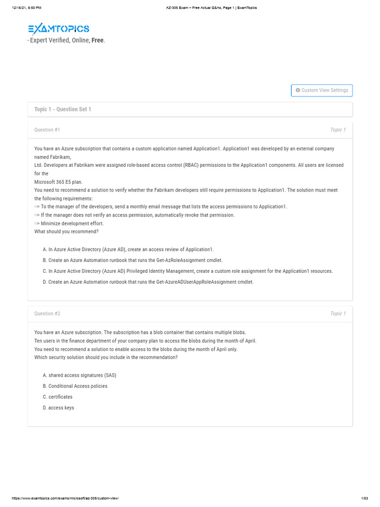 AZ-305 Exam - Free Actual Q - As, Page 1 - ExamTopics | PDF | Active Directory | Databases