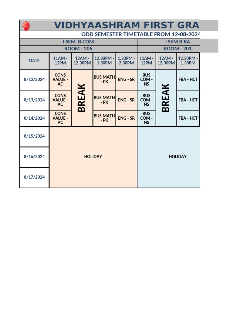 Degree Time Table - Week 6 12-08-2024 To 18-08-2024 | PDF