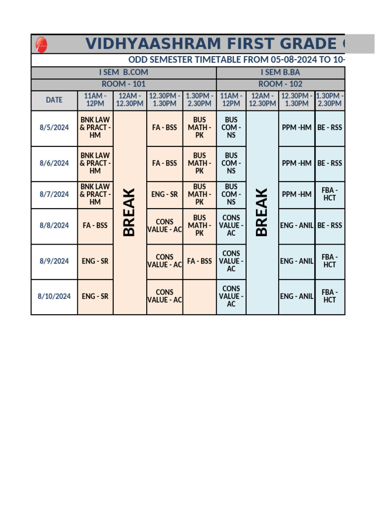 Degree Time Table - Week 5 05-08-2024 To 10-08-2024 | PDF