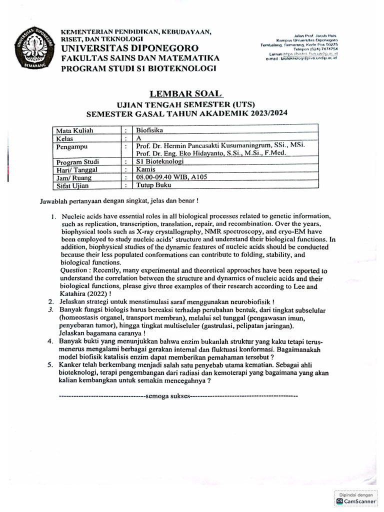 Soal Uts Biofisika 2023 | PDF