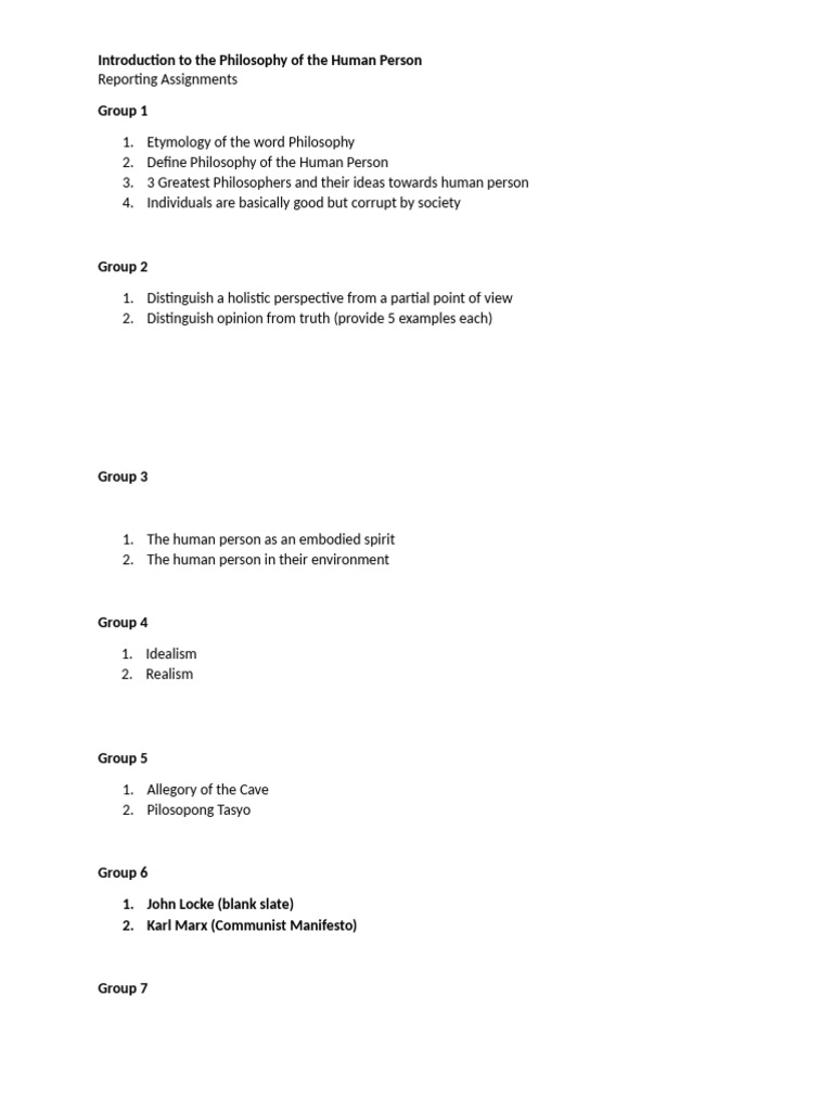 Introduction To The Philosophy of The Human Person Reporting Assignments | PDF