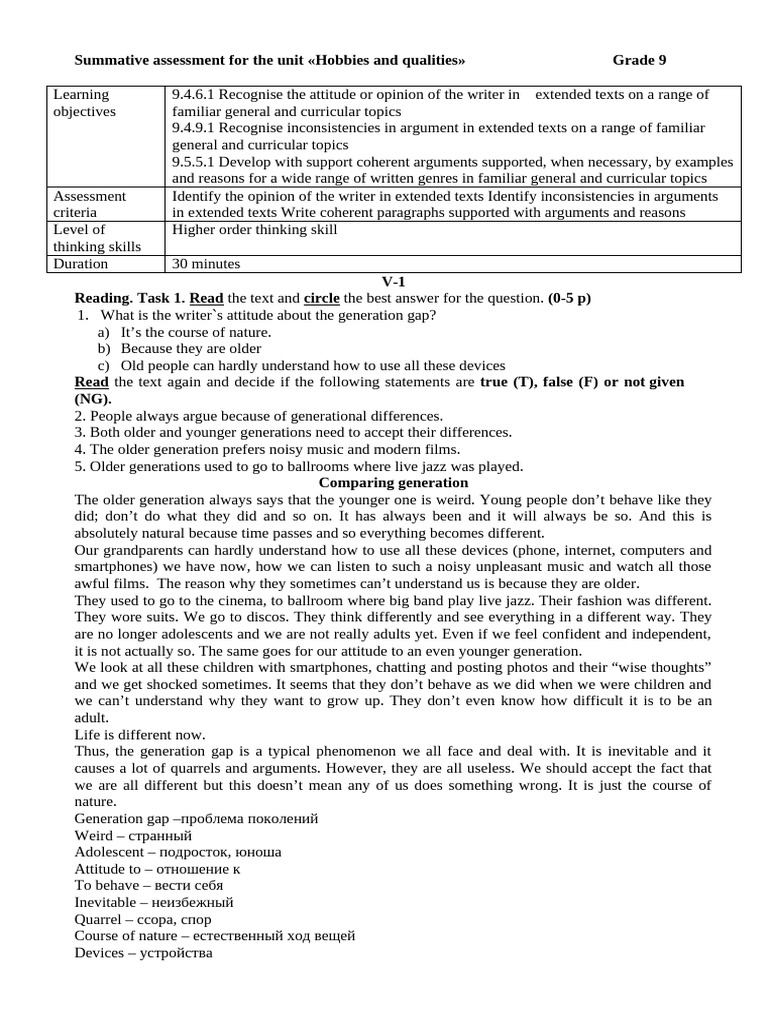SA1 Hobbies 9 Grade English Plus | PDF | Argument | Reason