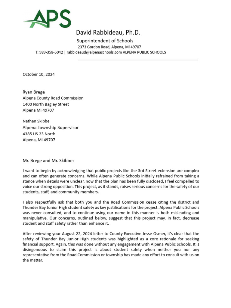 Alpena Public Schools Letter to Alpena Township | PDF | Traffic | Transport Alpena Public Schools Letter to Alpena Township | PDF | Traffic | Transport