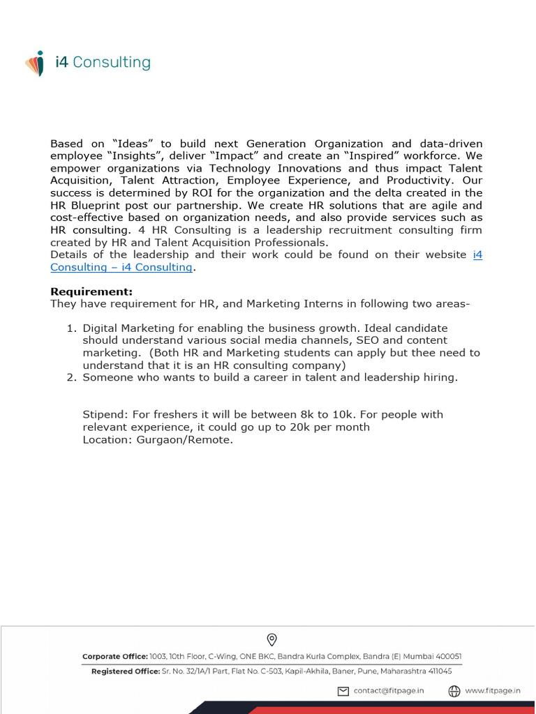 HR and Marketing Internships at i4 Consulting | PDF | Finance & Money ...