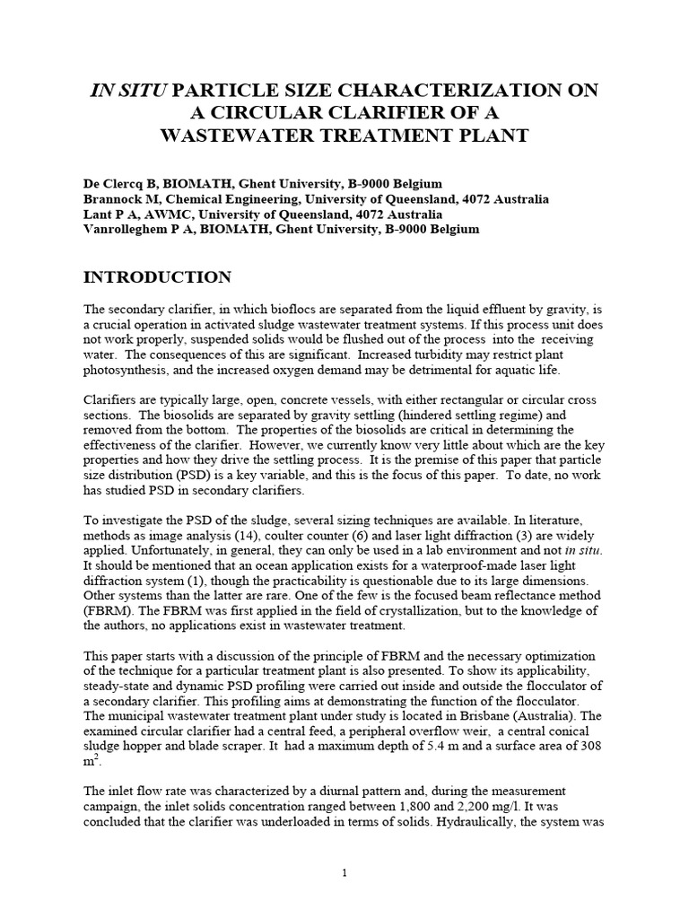 In Situ Particle Size Characterization On A Circular Clarifier of A ...