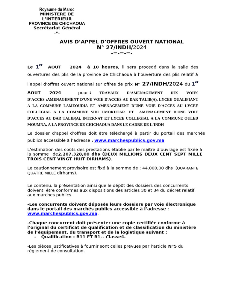 Avis Appel D'offres Ouvert 27 Indh 2024 | PDF