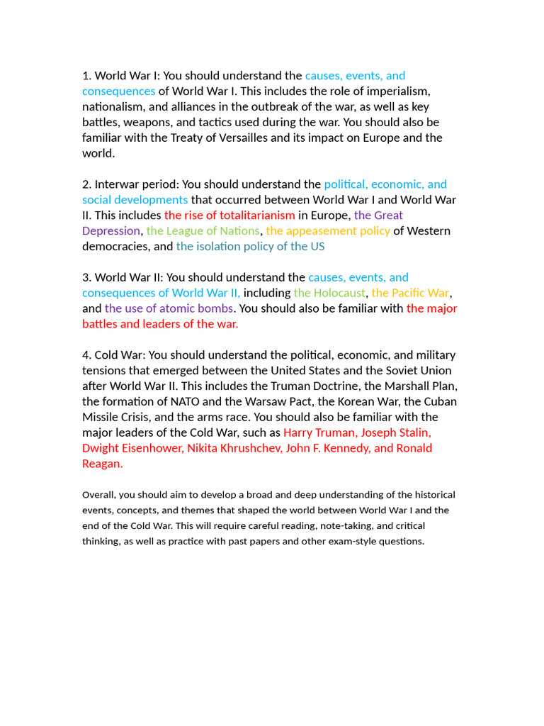 FOR REVISION Key Points From The First World War To The Cold War | PDF ...