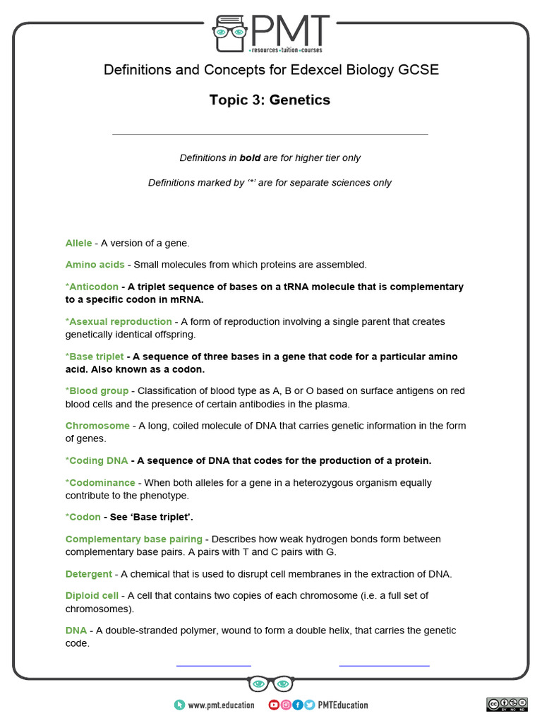 Definitions - Topic 3 Genetics - Edexcel Biology GCSE | PDF | Genetics | Gene