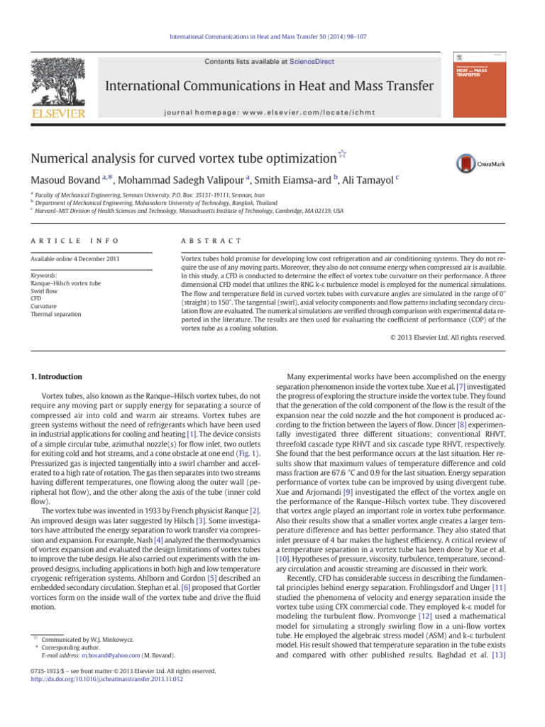 Bovand, Numerical Analysis For Curved Vortex Tube Optimization | PDF | Vortices | Computational ...