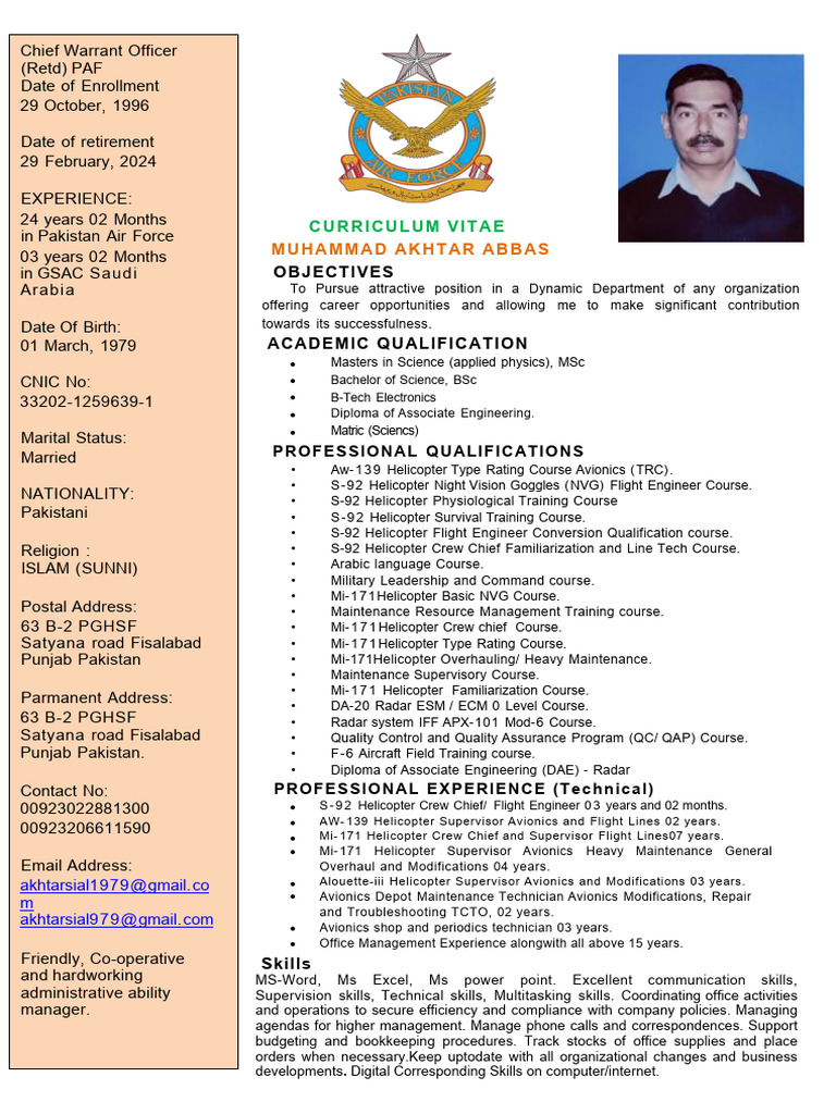 CWO Abbas Akhtar's PAF Curriculum Vitae | PDF | Avionics | Aviation