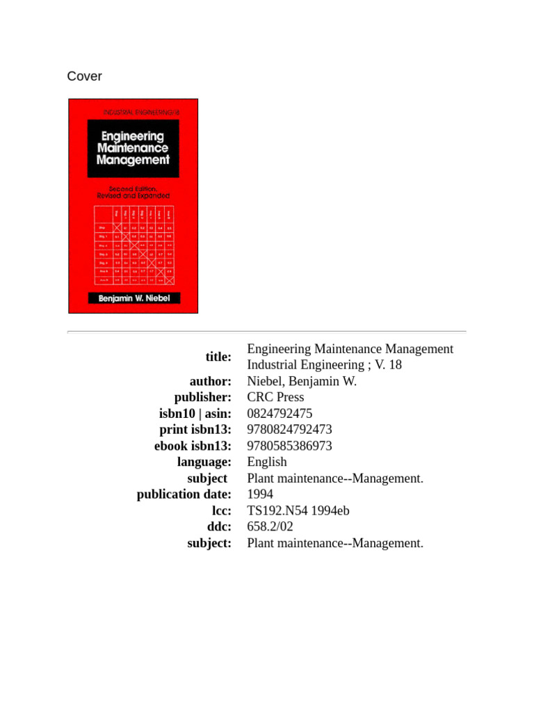 Engineering Maintenance Management (Industrial Engineering) (Benjamin W. Niebel) | PDF ...