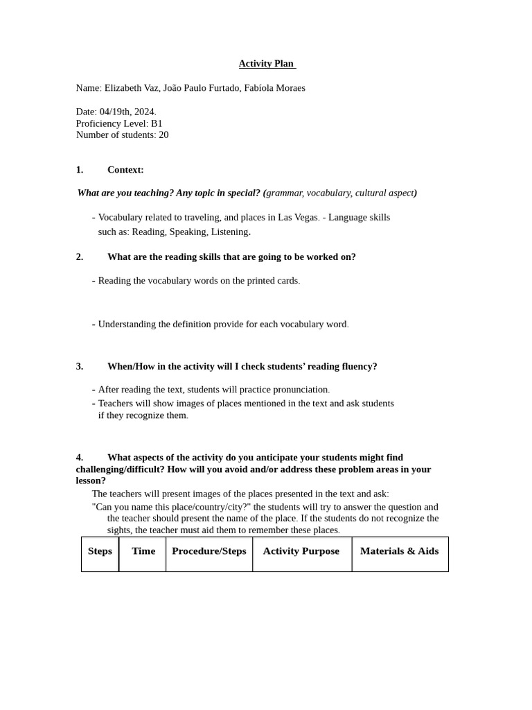 Activity Plan.sample | PDF | Vocabulary | Cognition
