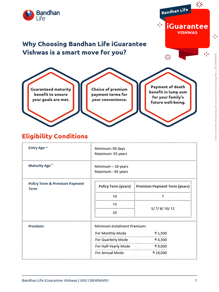Bandhan Life iGuarantee Vishwas One Pager | PDF | Insurance | Life Insurance
