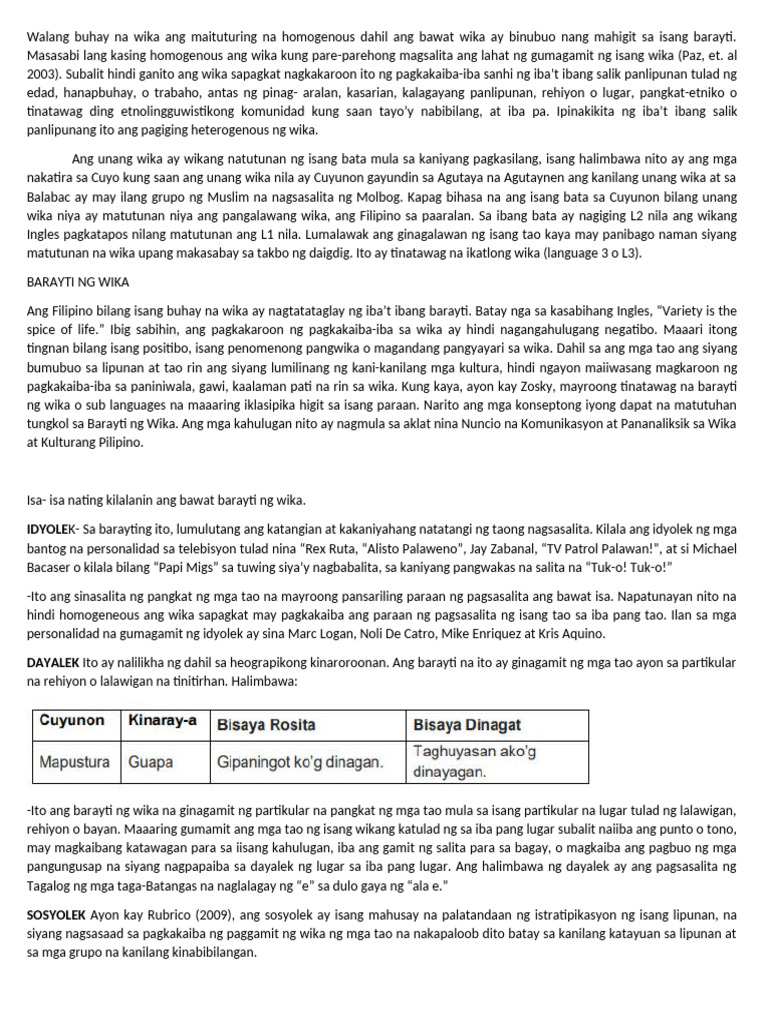 Notes Barayti at Inang Wika | PDF