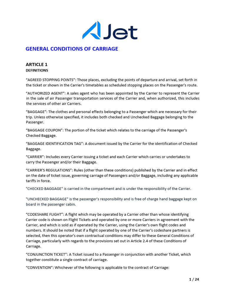 Ajet General Conditions of Carriage | PDF | Airlines | Common Carrier