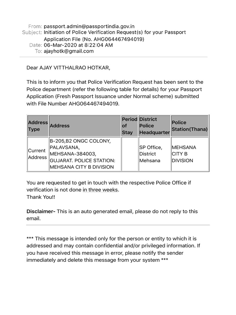 Passport Police Verification Request Notice | PDF