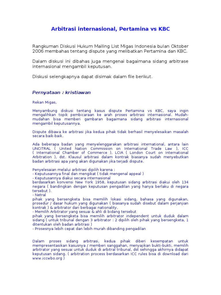 (Hukum) Arbitrasi Internasional-Pertamina Vs KBC | PDF | Ilmu Sosial ...