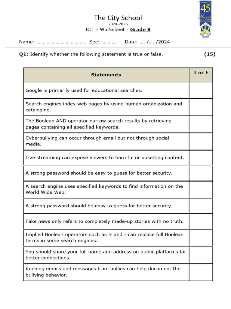 ICT Grade 8 Chap 1 Worksheet | PDF | Social Media | Popular Culture ...