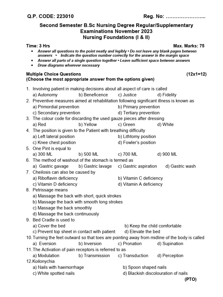 Q.P. CODE: 223010 Reg. No: ... Second Semester B.SC Nursing Degree ...
