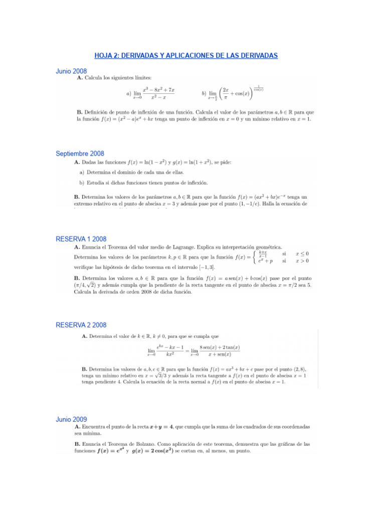 Hoja 2 - Derivadas y Aplicaciones de Las Derivadas | PDF