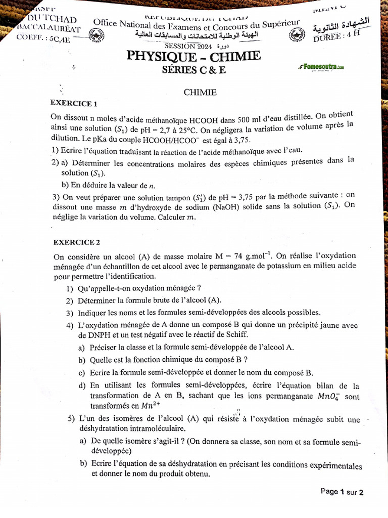 Sujets Bac C 2024 PC Tchad | PDF