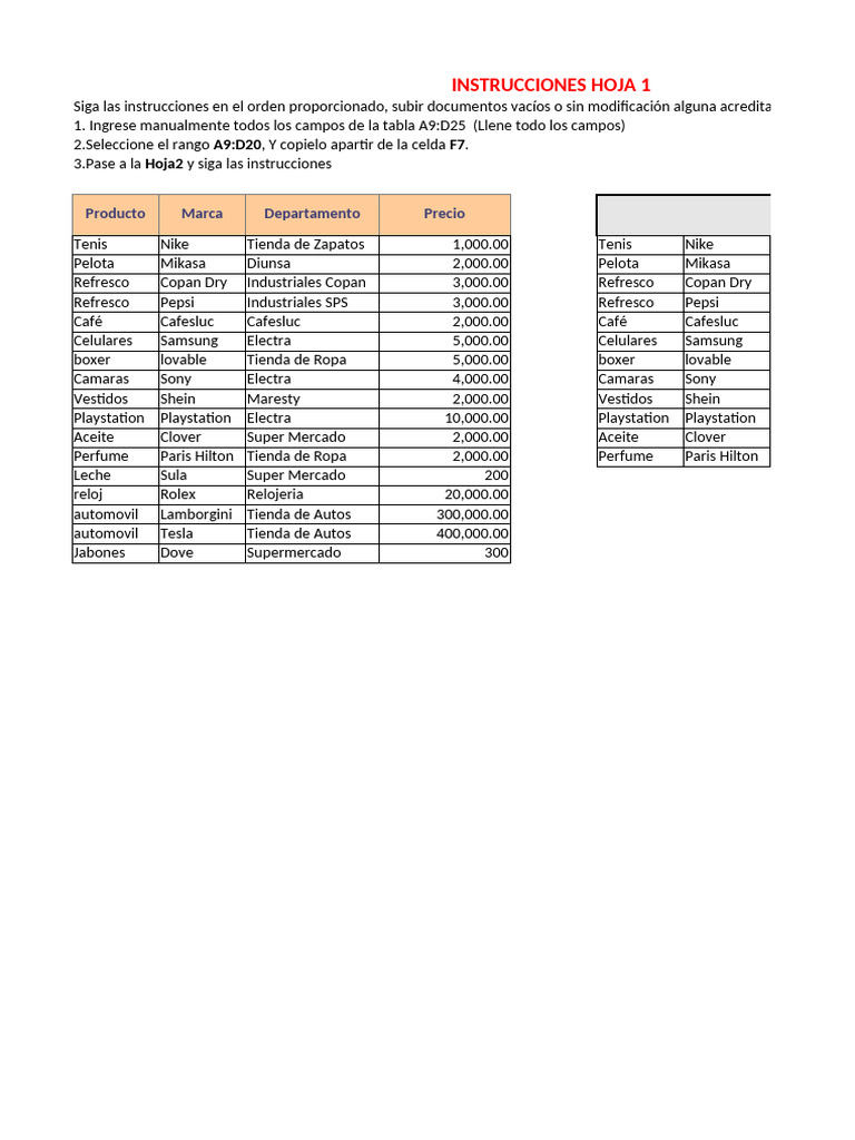 Instrucciones Hoja 1: A9:D20 F7 Hoja2 | PDF