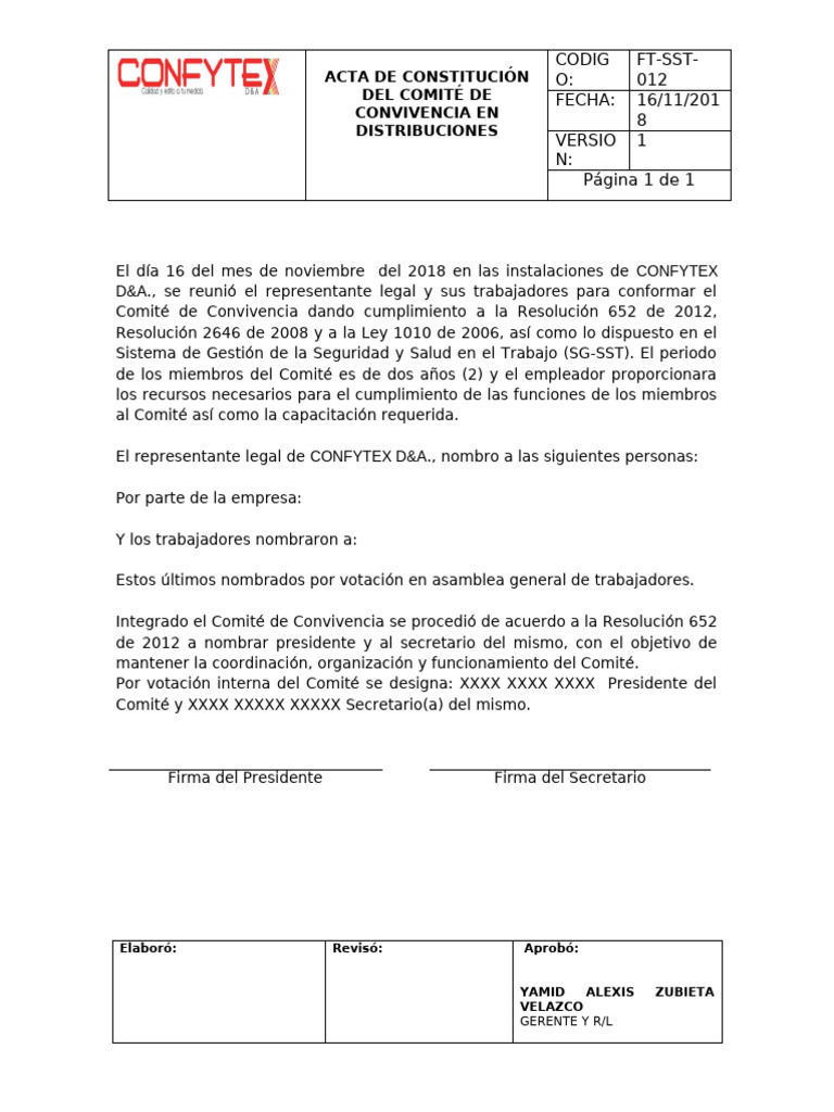 FT-SST-012 Formato Acta de Constitución Del Comité de Convivencia Laboral | PDF
