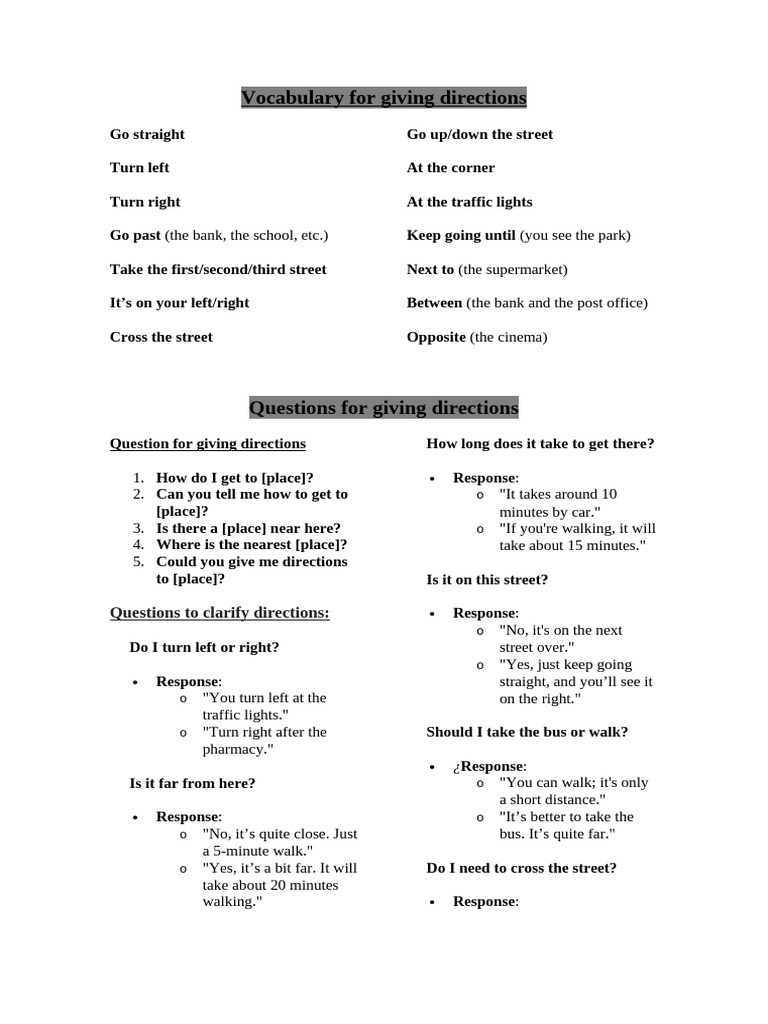 Vocabulary For Giving Directions | PDF | Language Arts & Discipline