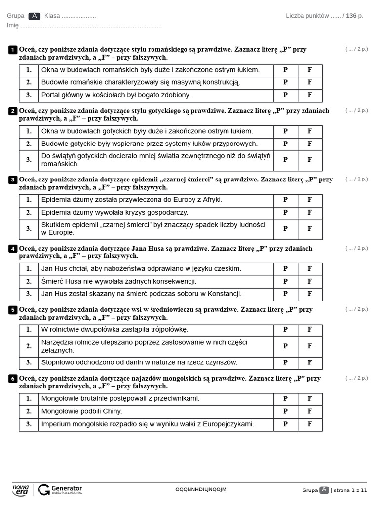 VI. PeÅ Nia I Schyå Ek Å Redniowiecza Test (Z Widocznä Punktacjä ) 2 | PDF