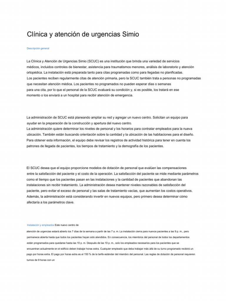 Simio Clinic and Urgent Care Problem Statement | PDF | Laboratorios | Hospital