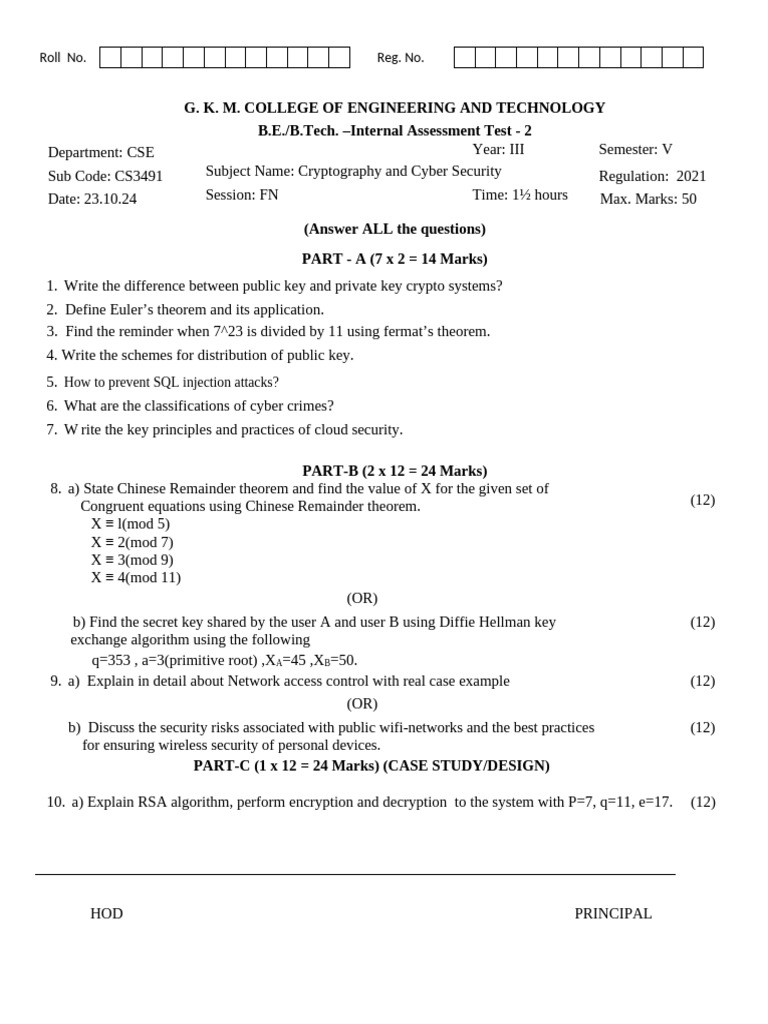 CS3491 CCS Iat-2 QP (2024) | PDF | Key (Cryptography) | Public Key Cryptography