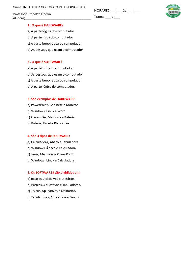 Exercícios Hardware e Software | PDF | Computadores