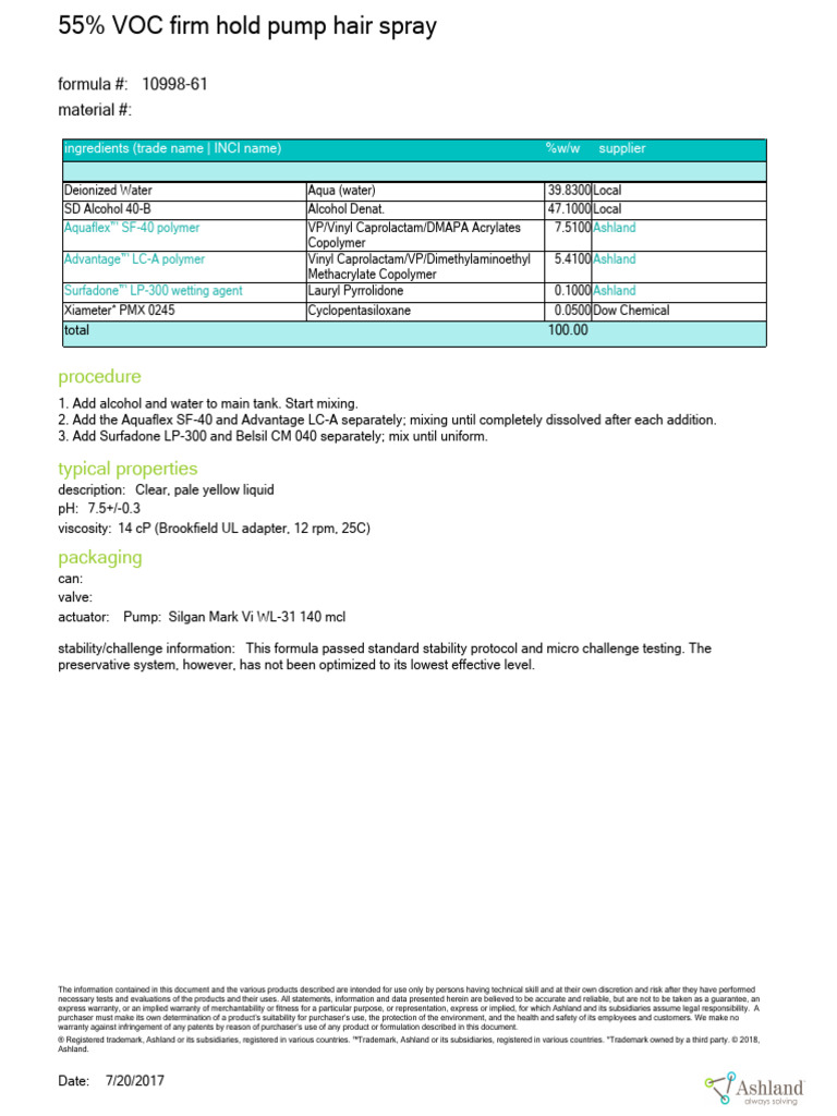 55% VOC Firm Hold Pump Hair Spray | PDF