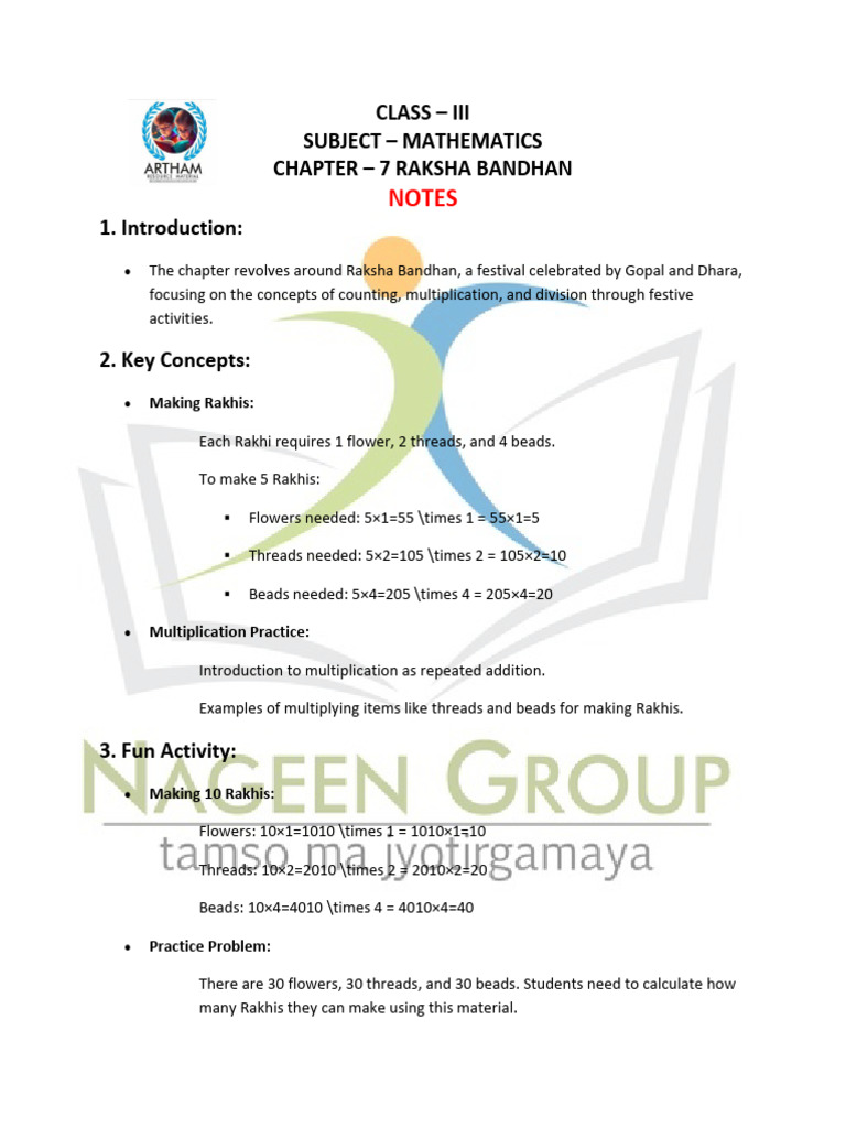 Class - 3 Maths Ch-7 Notes | PDF | Multiplication | Mathematics