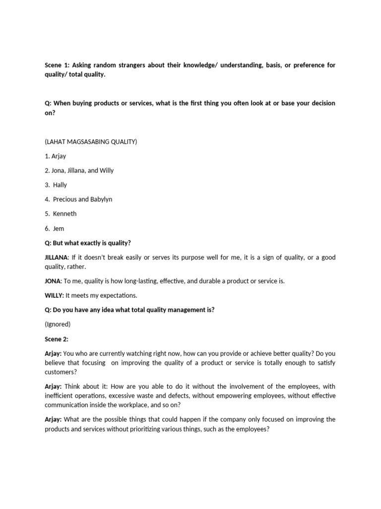 SCRIPT For Role Playing in TQM Subject | PDF | Leadership | Marketing