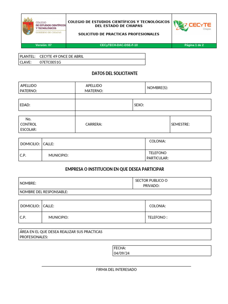 Solicitud de Practicas Profesionales | PDF