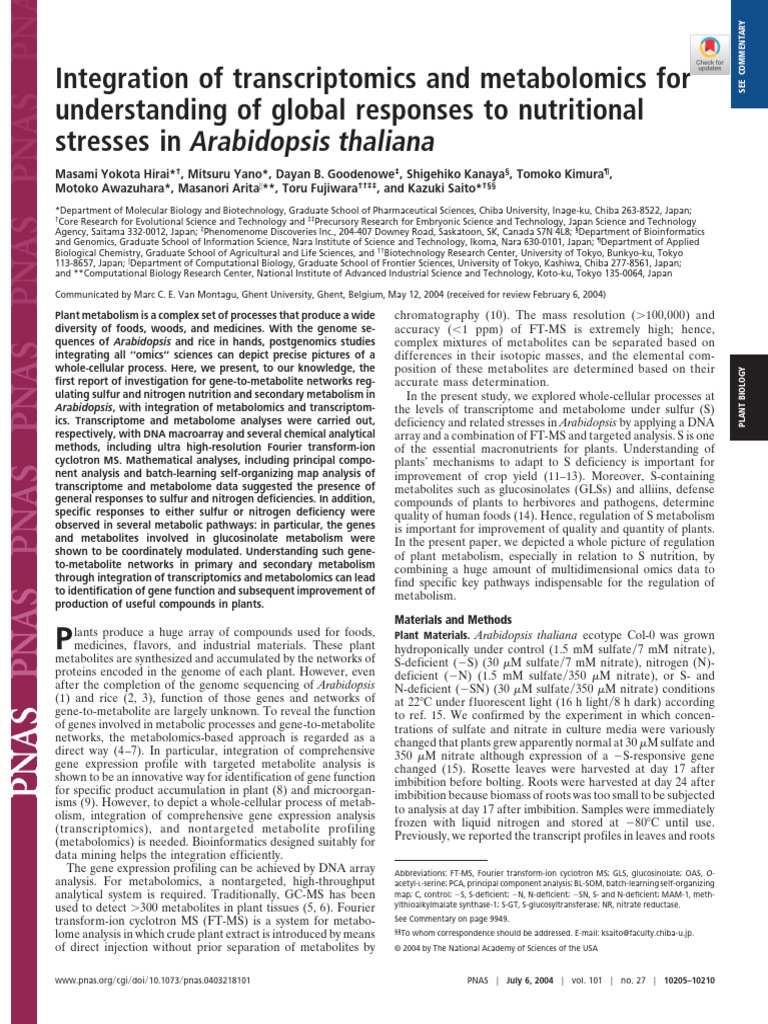 Saito Et Al 2004 Integration Of Transcriptomics And Metabolomics For