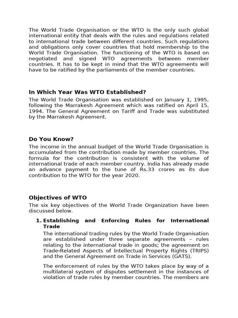 In Which Year Was WTO Established?: Establishing and Enforcing Rules For International Trade ...
