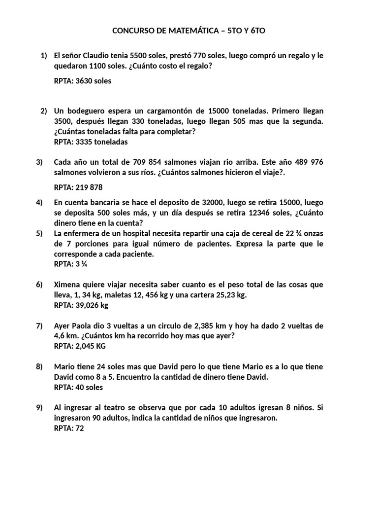 Concurso de Matemática - 5to y 6to | PDF