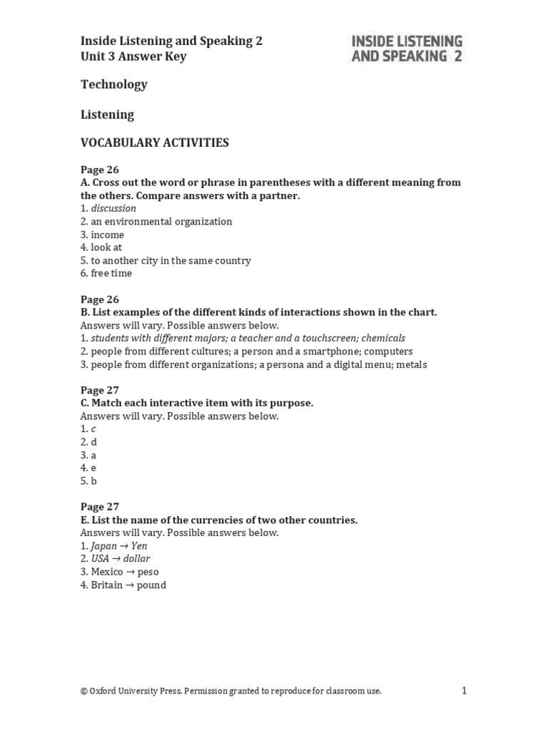 Inside Listening and Speaking 2 Unit 3 Answer Key Technology Listening ...