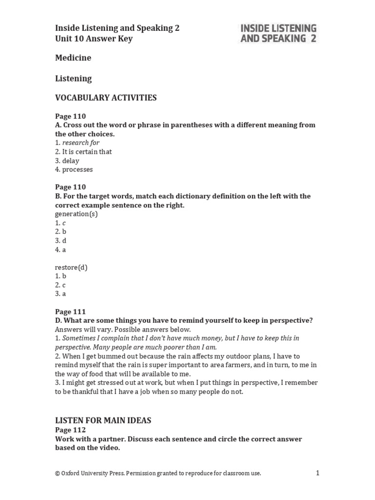 Inside Listening and Speaking 2 Unit 10 Answer Key Medicine Listening ...