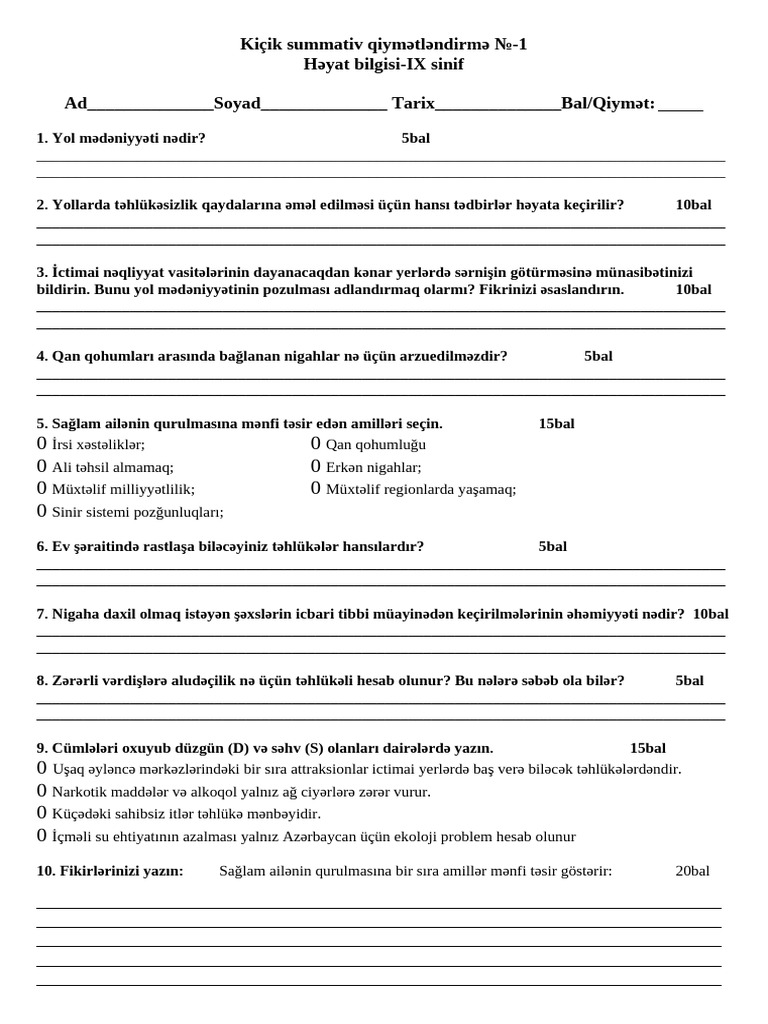KSQ 1 Həyat Bilgisi IX Sinif Camaləddin Əlizadə Miyankü Məktəbi3 | PDF
