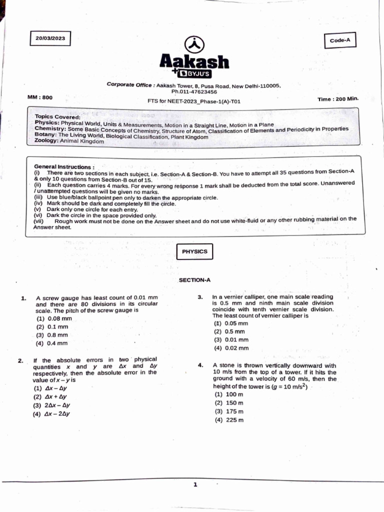 Fts Neet 2023 Phase 1 Code A | PDF