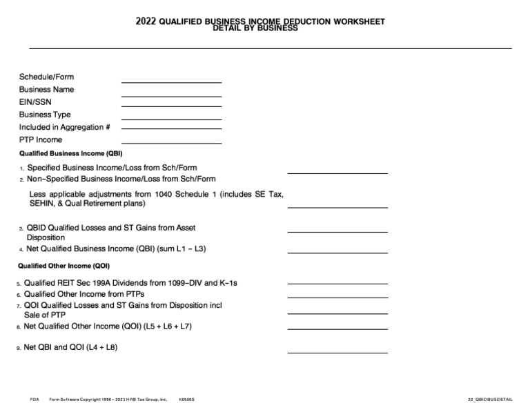 2022 Qualified Business Income Deduction Worksheet Detail by Business ...