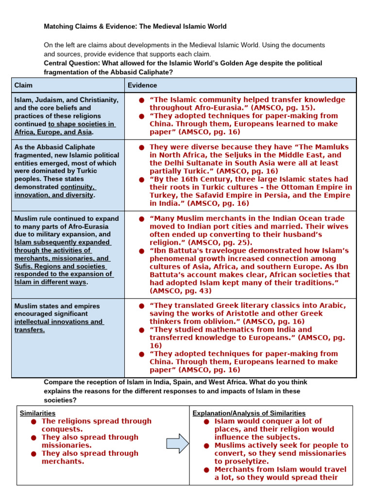 Matching Claims - Evidence - The Medieval Islamic World | PDF | Muslim ...
